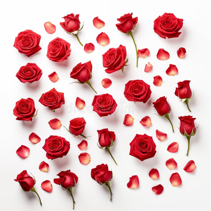 Scattered Red Roses and Petals on White Background Stock Illustration ...