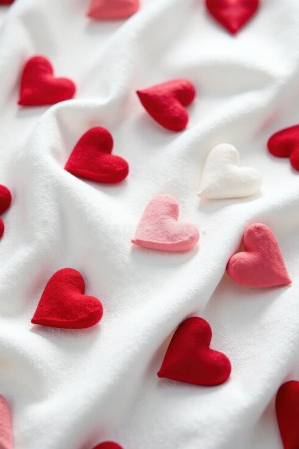 Scattered Red White Hearts on Pristine White Fabric , Cute, Passion ...