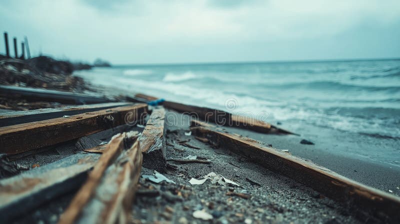 Scattered Remnants of a Destroyed Boat Hull Create a Scene of ...
