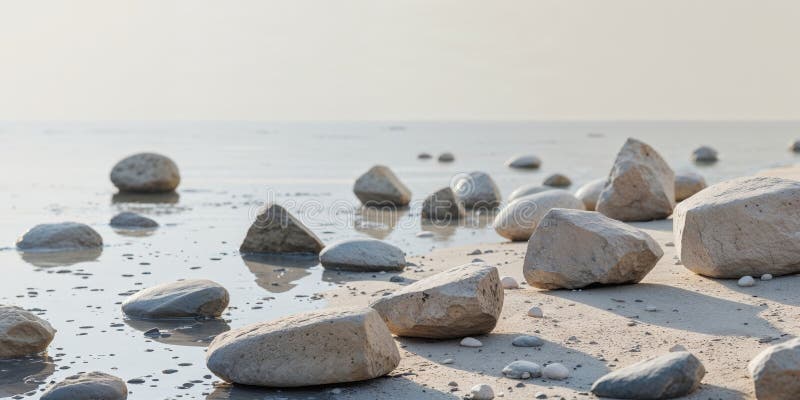 Scattered Rocks on Ground by Water in Soft Daylight Stock Photo - Image ...