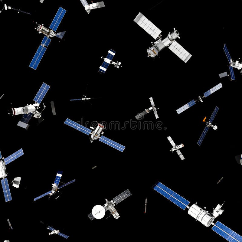 Scattered Satellites in Dark Space Stock Illustration - Illustration of ...