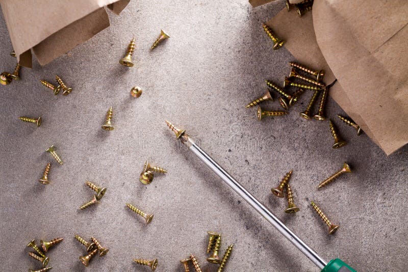 Scattered small screws. stock photo. Image of paper, bolt - 96307784