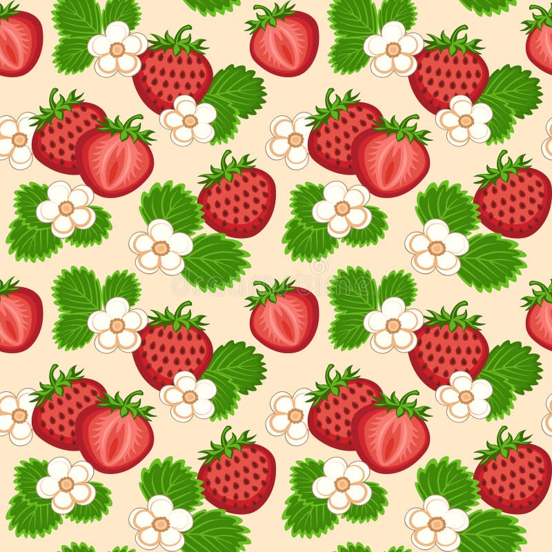 Scattered Strawberries and Flowers, Seamless Vector Pattern Stock Vector - Illustration of ...