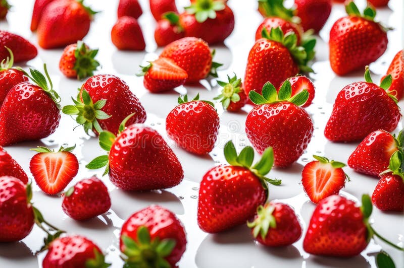 Scattered Strawberries with Water Droplets on a Background Stock ...