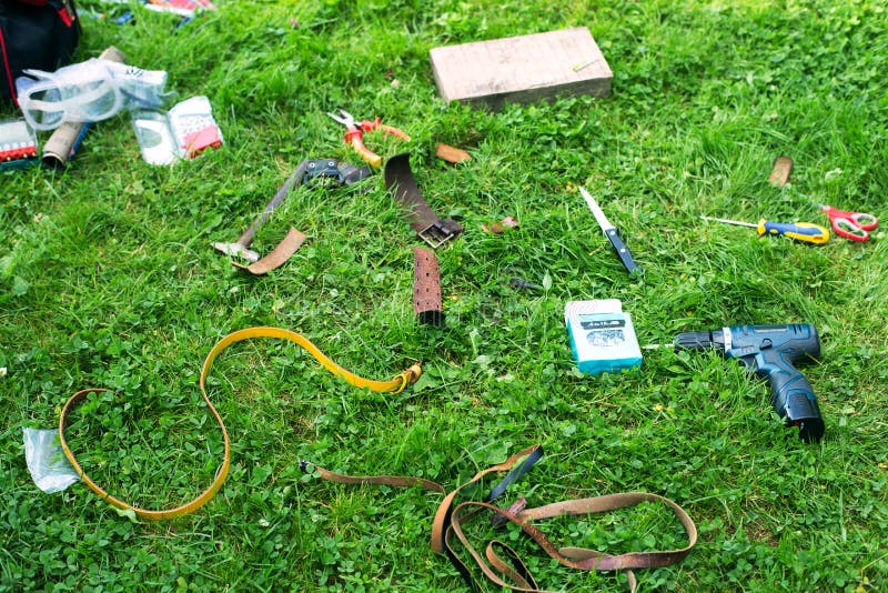 The Scattered Tools on the Grass Stock Image - Image of hobby, pliers ...