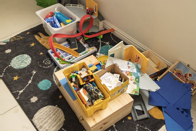 Scattered Toys, Blocks, and Constructor Pieces on the Floor. Childhood ...