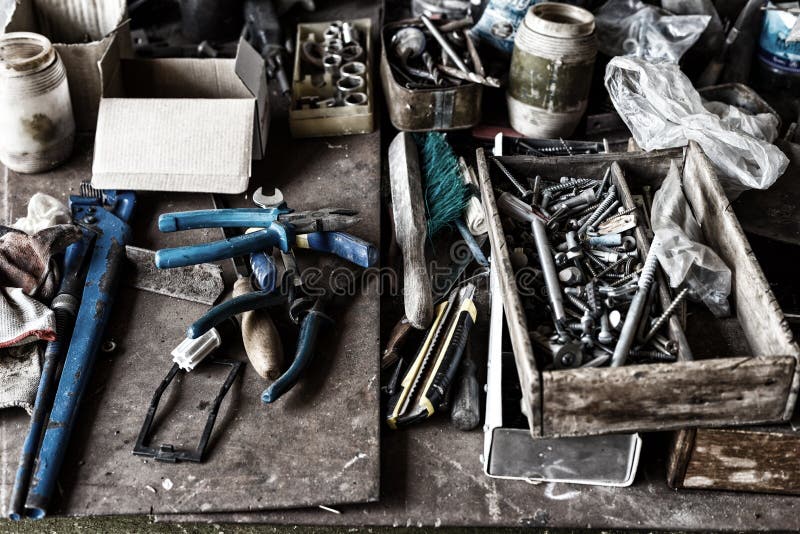 Scattered Work Tool on the Table, Top View Stock Image - Image of hand ...