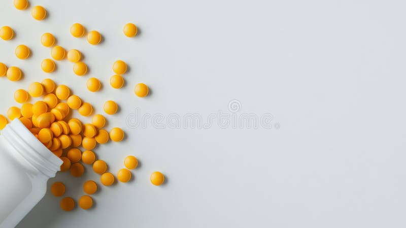 Yellow Tablets Spilling from a White Container on a Light Surface Stock ...