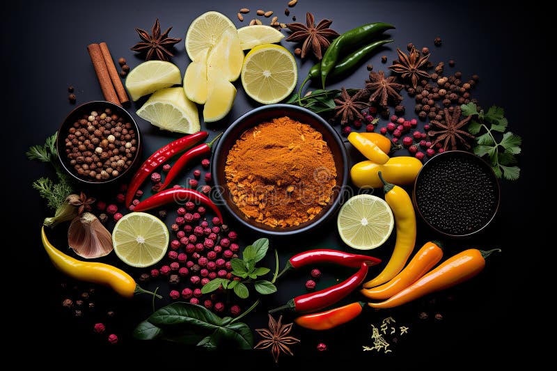 A Scattering of Beautiful Oriental Spices on a Dark Background in the ...
