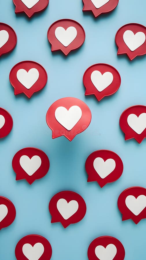 Scattered Red Chat Bubbles with White Hearts on Light Blue Background ...