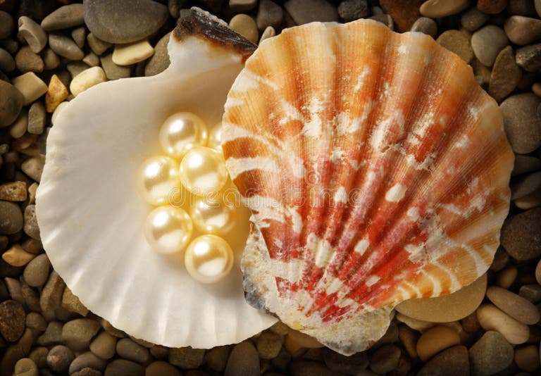 Scattering White Pearls in Seashell Stock Image - Image of beach ...
