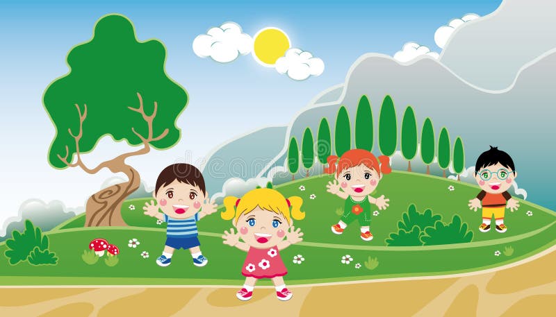 Kids in a Countryside Scene with Green Hills and Trees Stock ...
