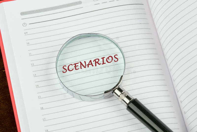 SCENARIOS Word Written through a Magnifying Glass on a Notepad Page ...
