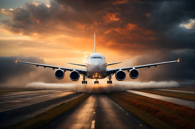 A Scene of an Airplane Landing at Sunset Stock Photo - Image of boeing ...