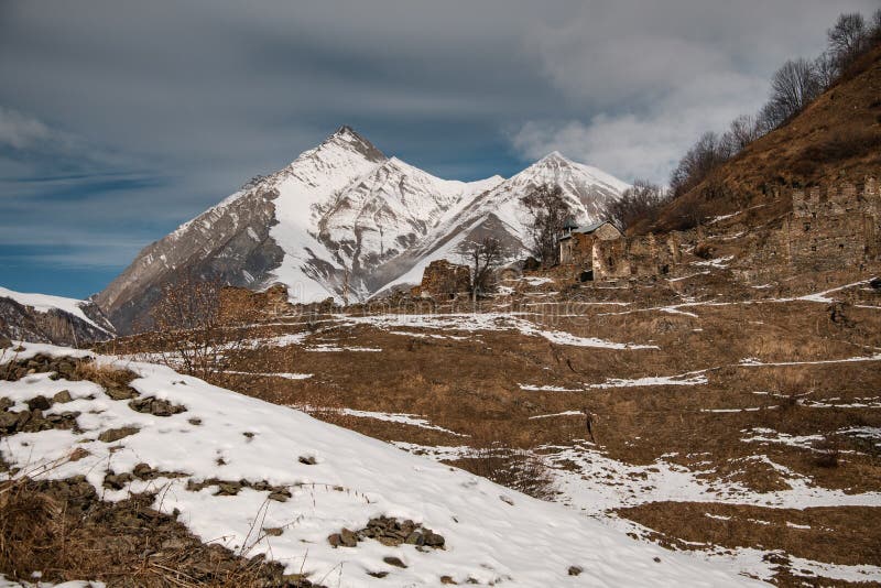 Scene with Ancient Ruins in Snowy Mountains Stock Image - Image of ...