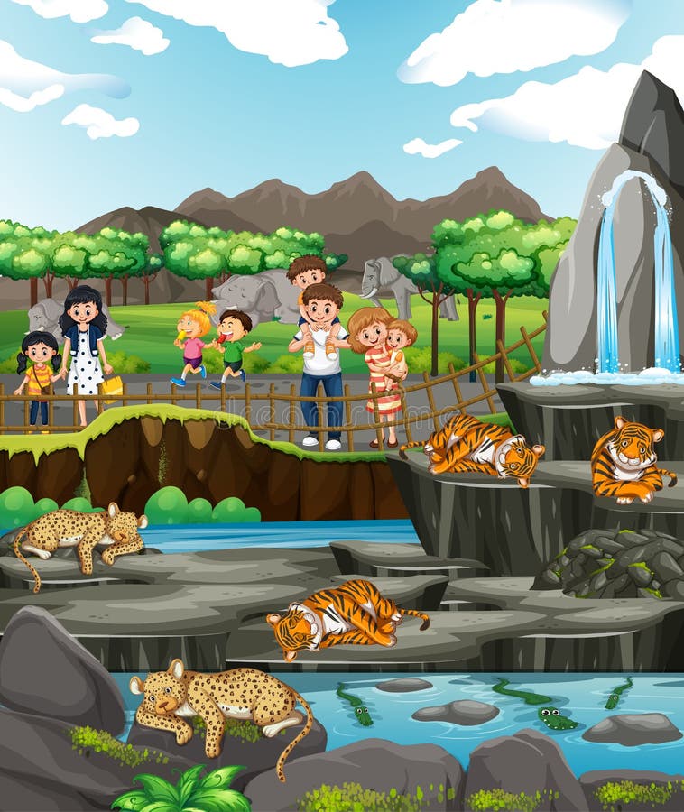 Scene with Animals and People at the Zoo Stock Vector - Illustration of ...