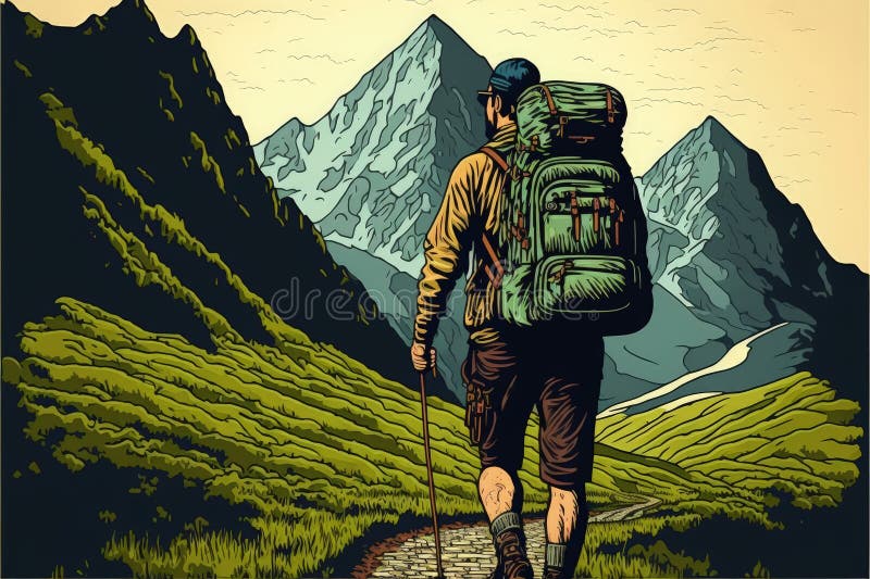 Scene of Backpacker Gazing at Mountains Stock Illustration ...