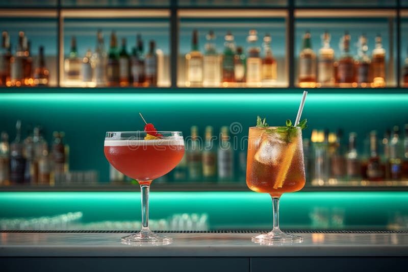 Scene at a Bar Counter Featuring Blue Lagoon and Aperol Cocktails Stock ...
