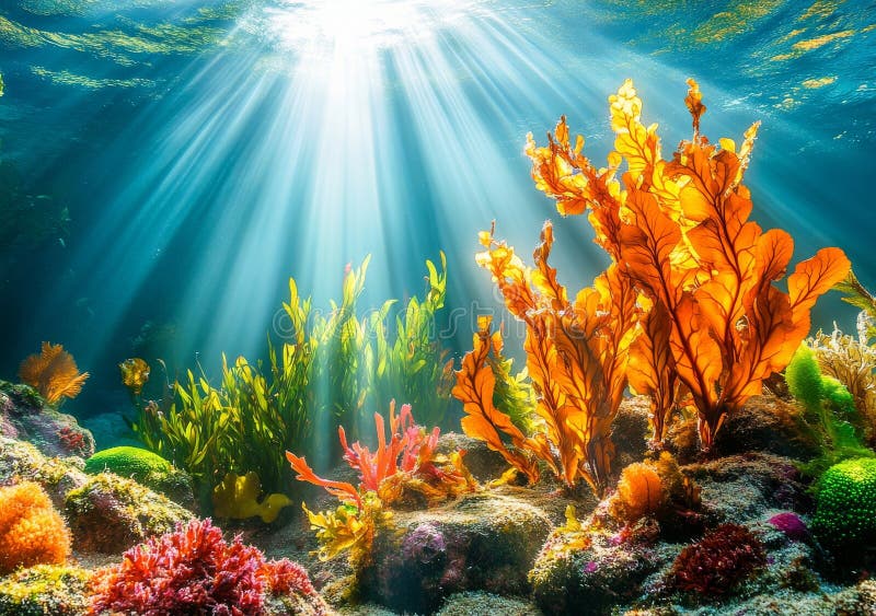 A Scene Beneath the Ocean S Surface Features Seaweed and Sunlight ...
