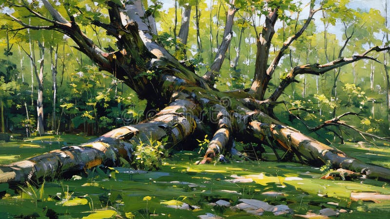 Scene of Big Trees in Forest, Loosely Abstract Painting, Stylized ...