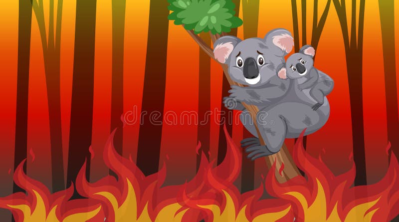 Scene with Big Wildfire Burning Koalas in the Forest Stock Illustration ...