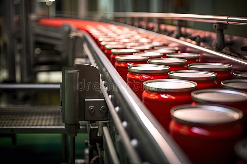 Scene of Canning of Tomato Paste. Modern Production Line Tech Conveyor ...