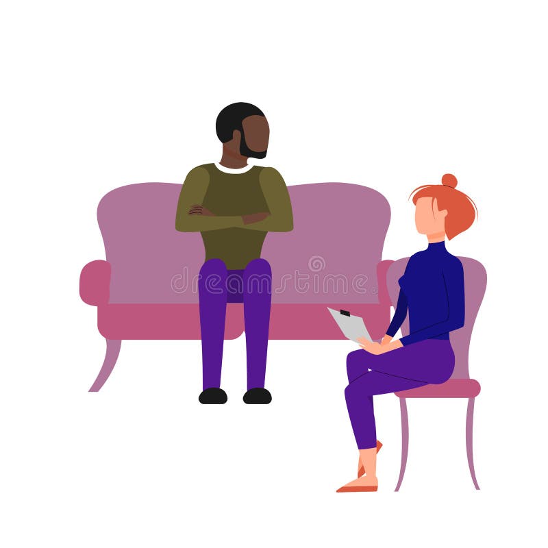 Scene of Caucasian Female Therapist Consulting Black Male Patient. Flat ... Scene of Caucasian Female Therapist Consulting Black Male Patient. Flat ...