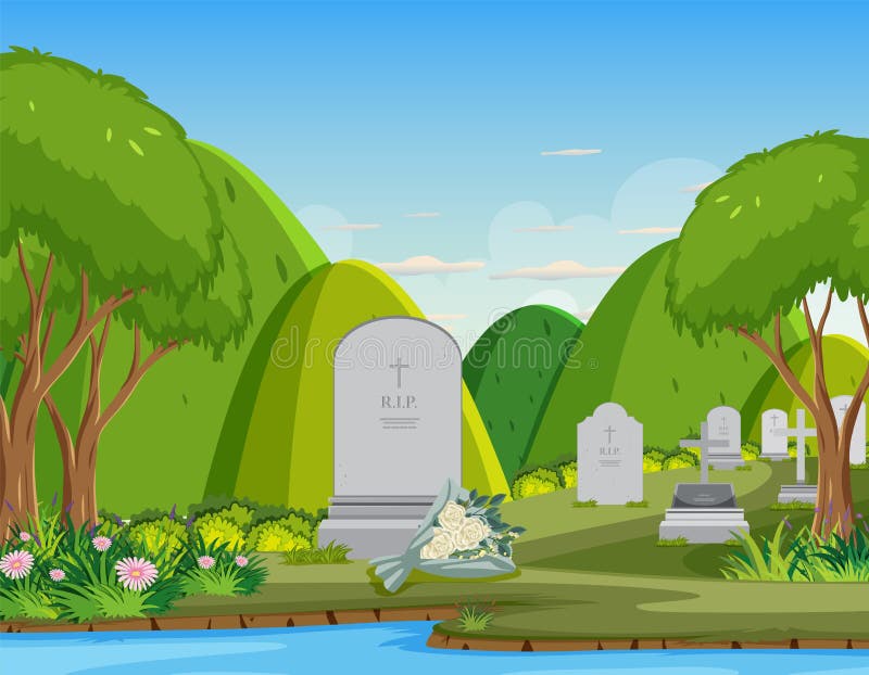 Scene of Cemetery Graveyard Stock Vector - Illustration of tree ...