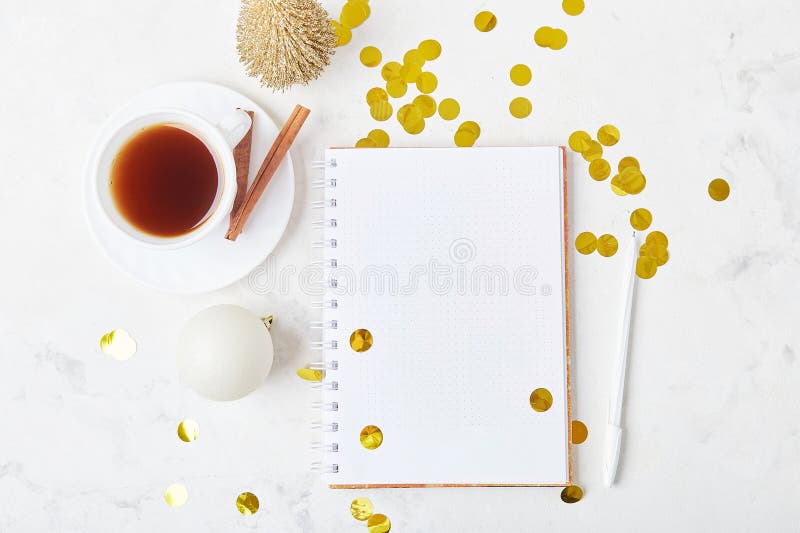 Scene with Coffee Cup, Confetti, and Notepad Mock-up for a Resolutions ...