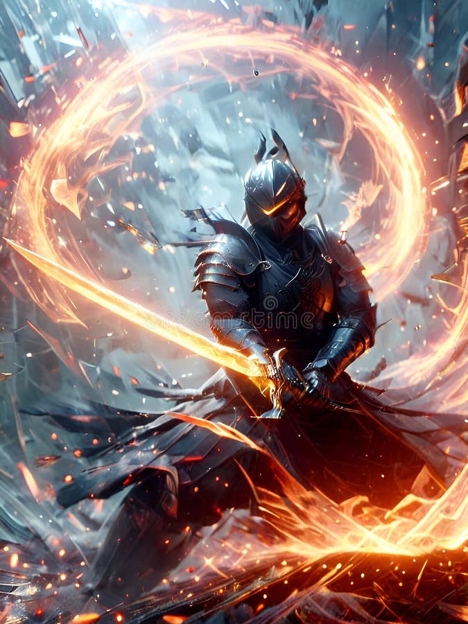 An Illustration of a Fantasy Knight with Flames Erupting As he Swings ...