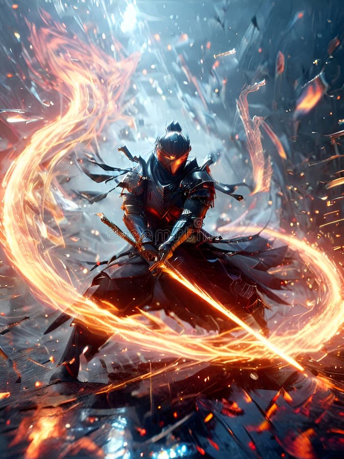 An Illustration of a Fantasy Knight with Flames Erupting As he Swings ...