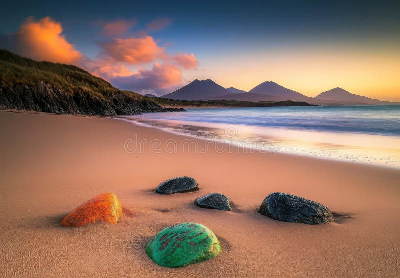 The Scene Consists of a Beach with Multicolored Stones and a Calm Blue ...