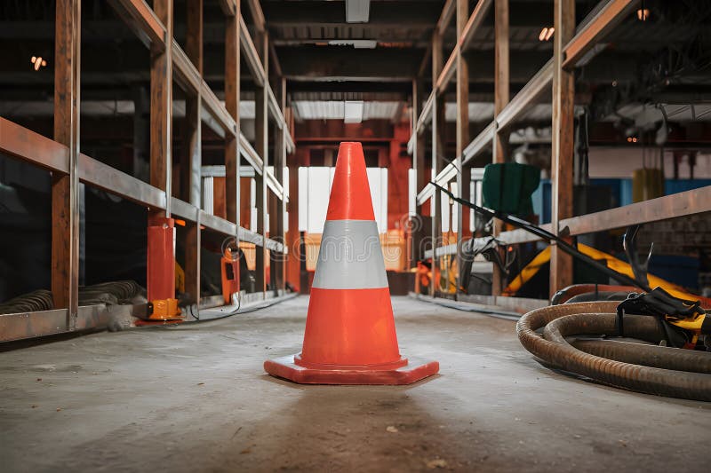 Scene Construction Cone on Floor Amidst Construction Activity, Safety ...