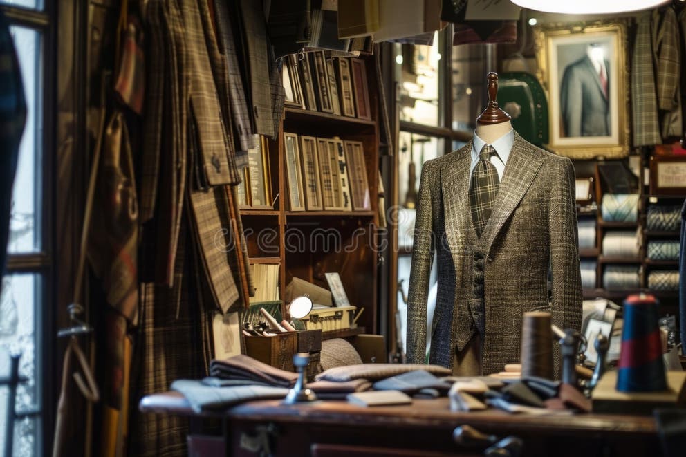 Scene in Custom Tailoring Studio Spotlights Navy Suit. Discover Precise ...