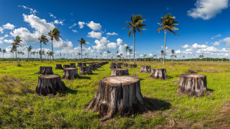 A Scene Depicting Deforestation with Palm Tree Stumps Amidst Dense ...
