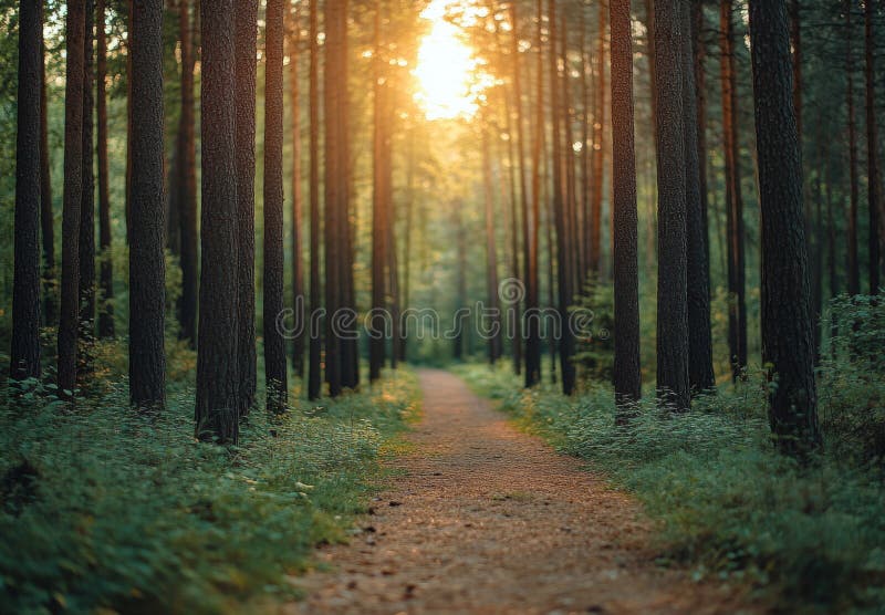 The Scene Depicts a Blurred Forest Path with Sunlight Filtering through ...