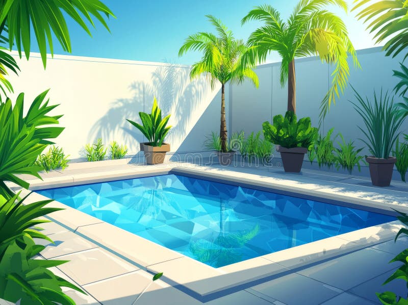 The Scene Depicts a Pool with a Lounge Chair and Umbrellas, and in the ...