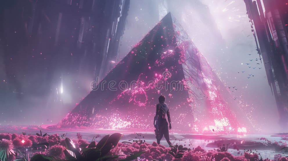 Fantastic Scene with a Robot in Front of a Futuristic Pyramid in Purple ...