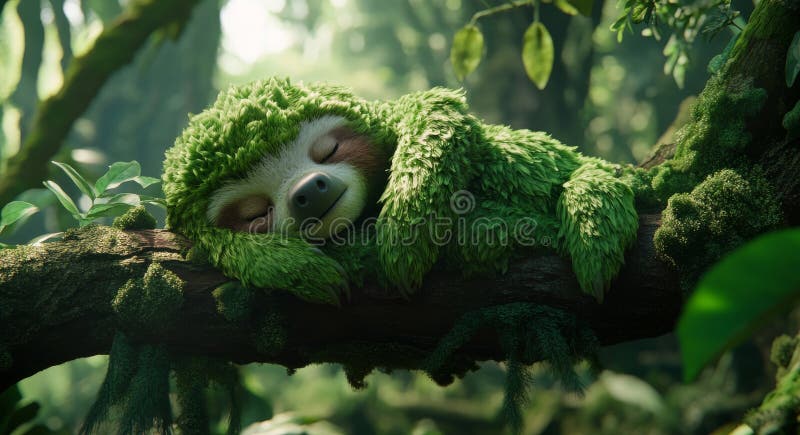 The Scene Depicts a Sloth Sleeping on a Tree Branch in a Jungle Forest ...