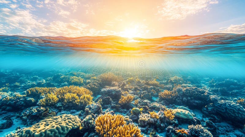 The Scene Depicts a Thriving Coral Reef Ecosystem with an Array of ...