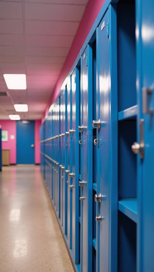 A Scene Depicts Vibrant Hallways with Blue Lockers Lining Them Stock ...