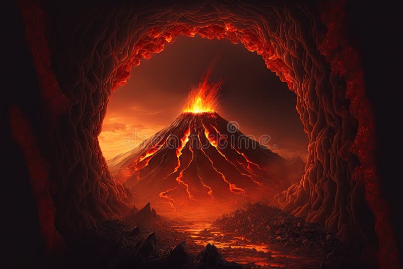 Volcano Eruption and Lava Tunnel Stock Illustration - Illustration of ...