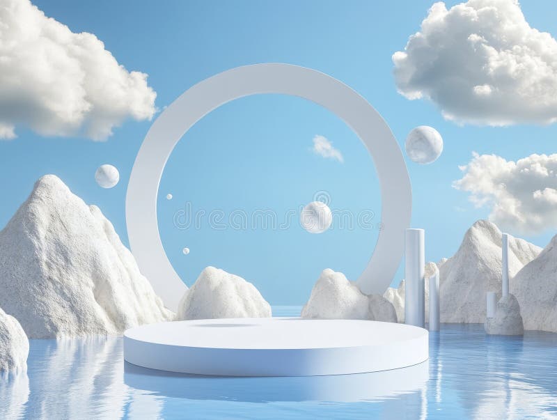The Scene Displays a Serene Minimalist Podium with a Backdrop of Water ...