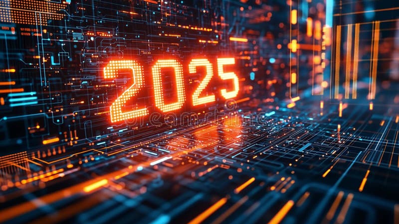 2025 in Glowing Circuitry and Neon Elements on a Futuristic Backdrop ...