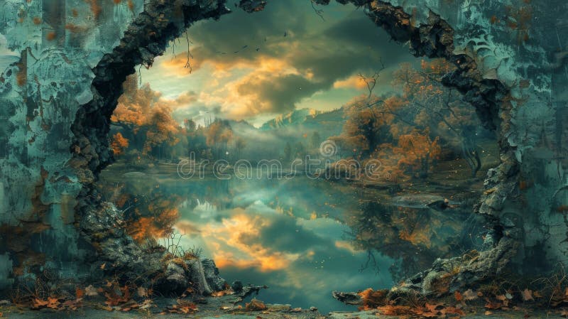 A Scene of a Distorted Forest Reflected in a Shattered Mirror the ...