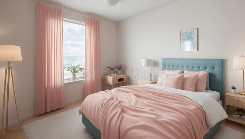 A Scene of a Dreamy Bedroom with a Pink Bed and a Blue Headboard Stock ...