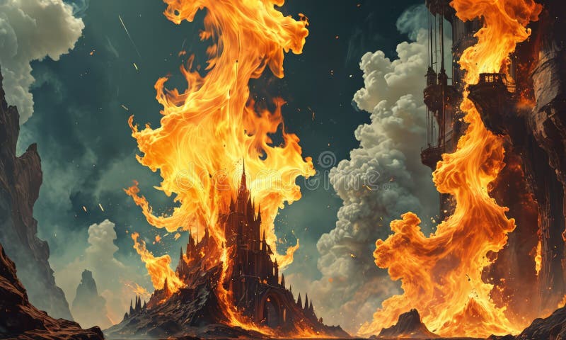 Scene Fantasy Castle on Fire Stock Illustration - Illustration of blue ...