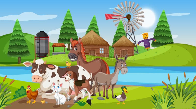 Scene with Farm Animals by the River at the Farmyard Stock Vector ...