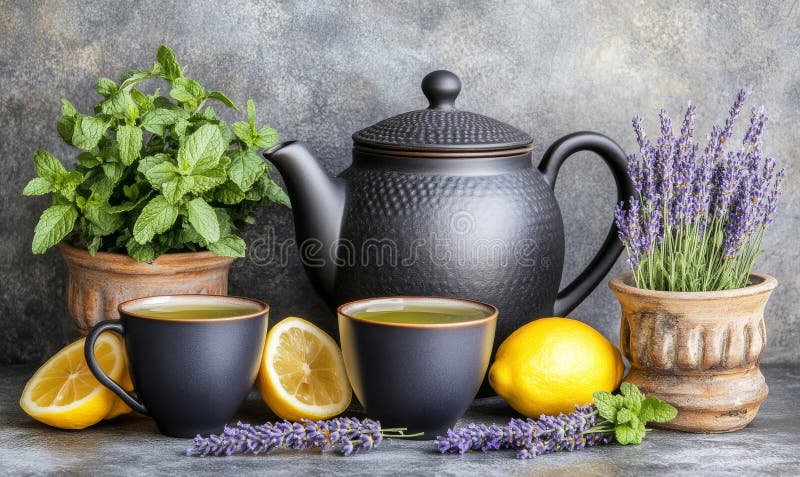The Scene Features a Beautifully Arranged Herbal Tea Set, Complete with ...