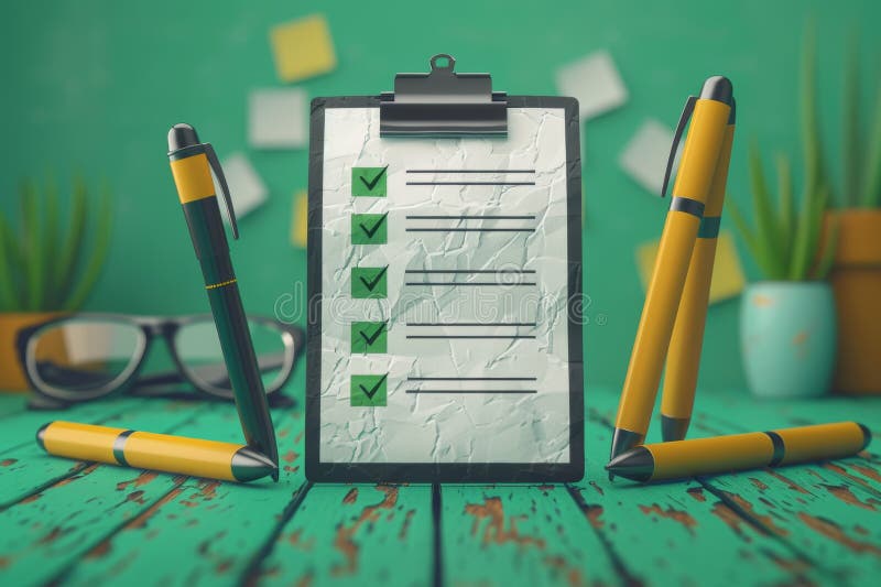 A Completed Checklist on a Clipboard Surrounded by Pens and Eyeglasses ...